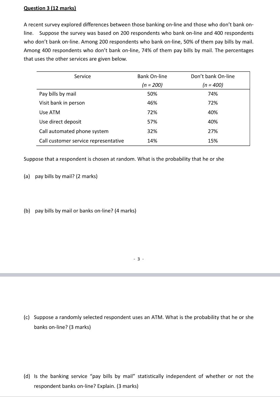 Question 3 (12 marks) A recent survey explored | Chegg.com