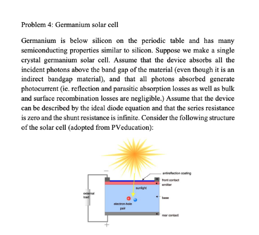 Problem 4: Germanium solar cell Germanium is below | Chegg.com