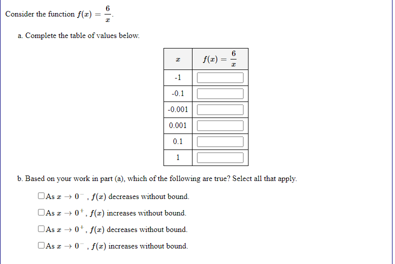 Solved Consider the function f(x)=x6. a. Complete the table | Chegg.com