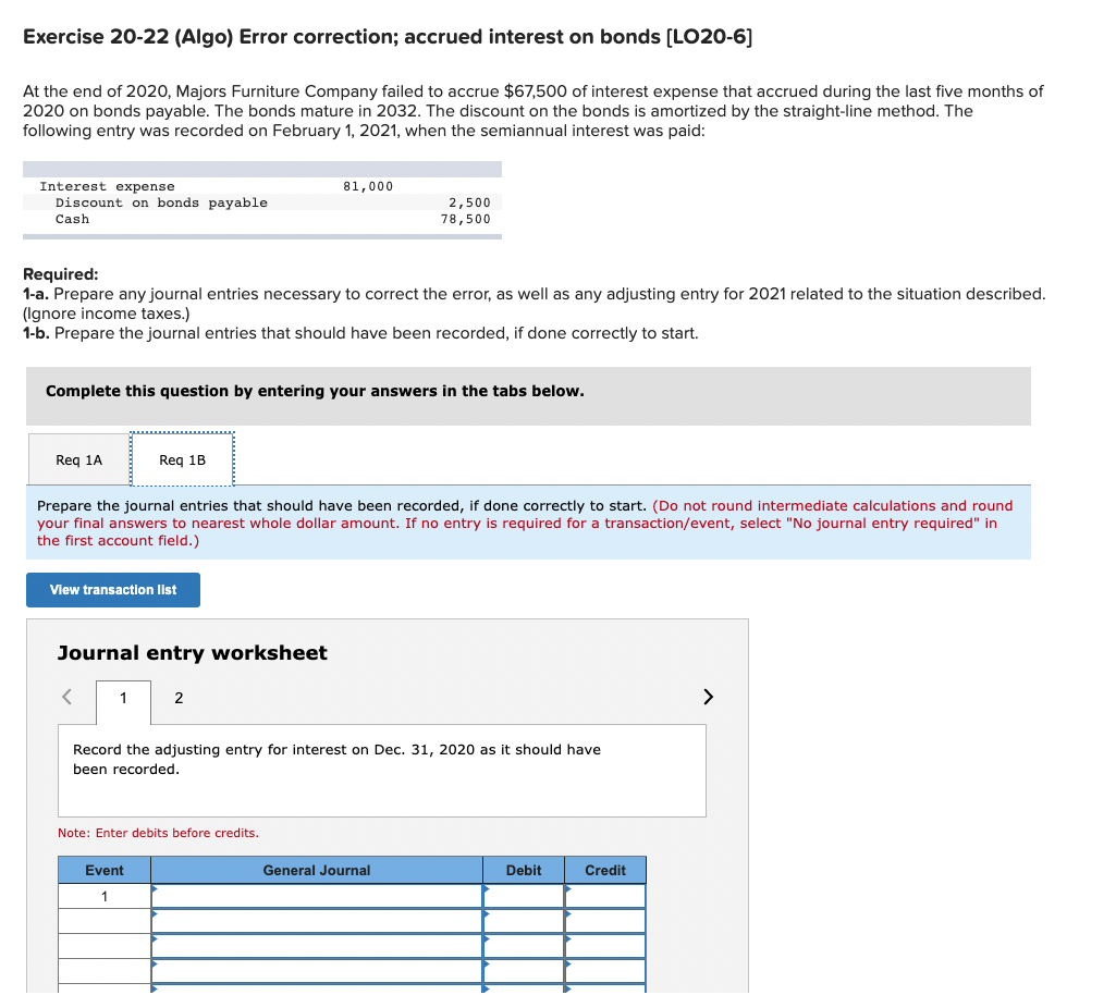 Solved Exercise 20-22 (Algo) Error correction; accrued | Chegg.com