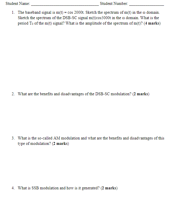 Solved Student Name: Student Number: 1. The baseband signal | Chegg.com