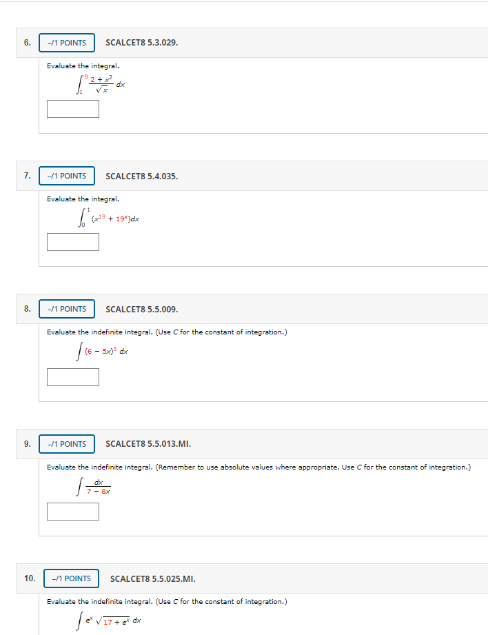 Solved -/1 POINTS SCALCET8 5.3.029. Evaluate the integral. | Chegg.com