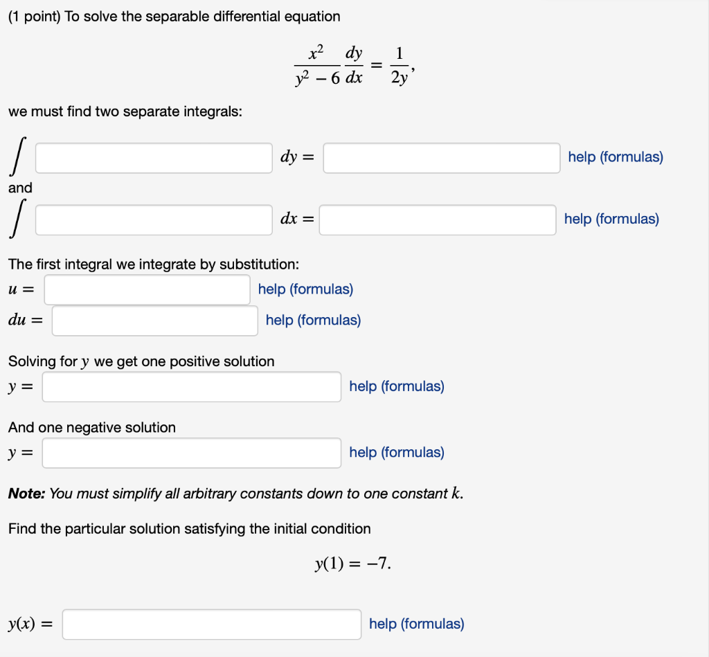 Solved (1 point) To solve the separable differential | Chegg.com
