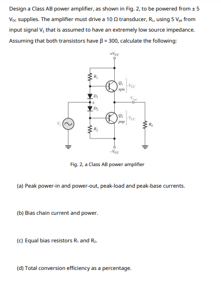 Solved Design a Class AB power amplifier, as shown in Fig. | Chegg.com