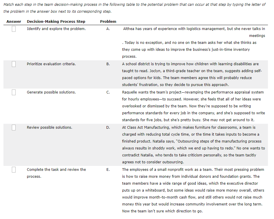 Solved Match each step in the team decision-making process | Chegg.com