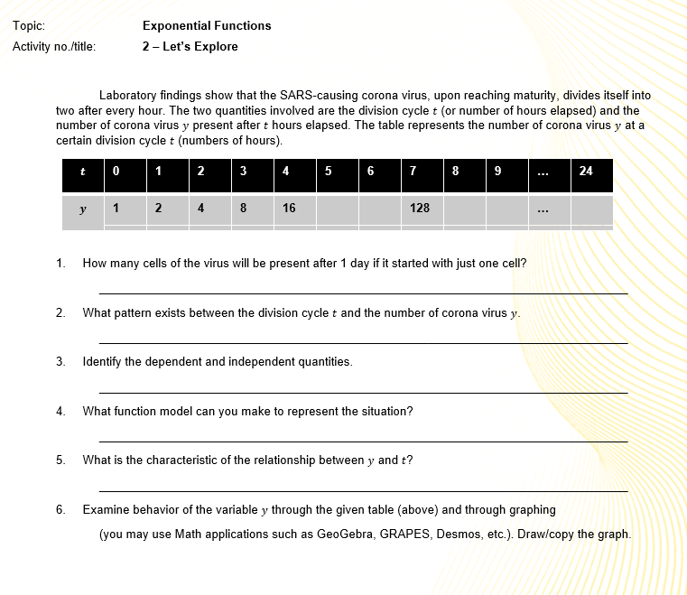 Solved Topic: Activity no./title: Exponential Functions 2 - | Chegg.com
