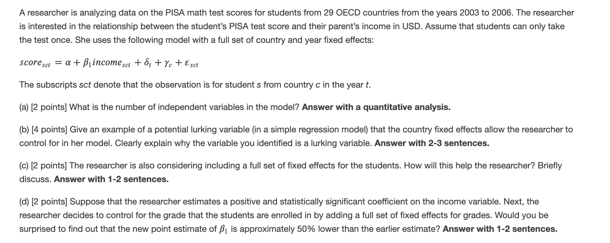 A researcher is analyzing data on the PISA math test | Chegg.com