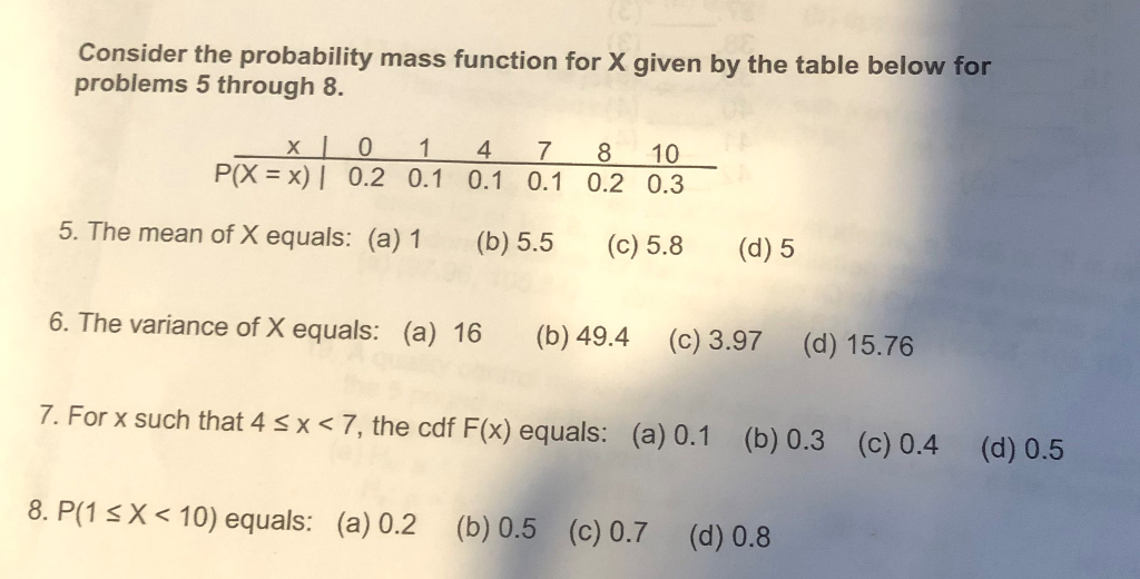 Solved Consider the probability mass function for X given by | Chegg.com