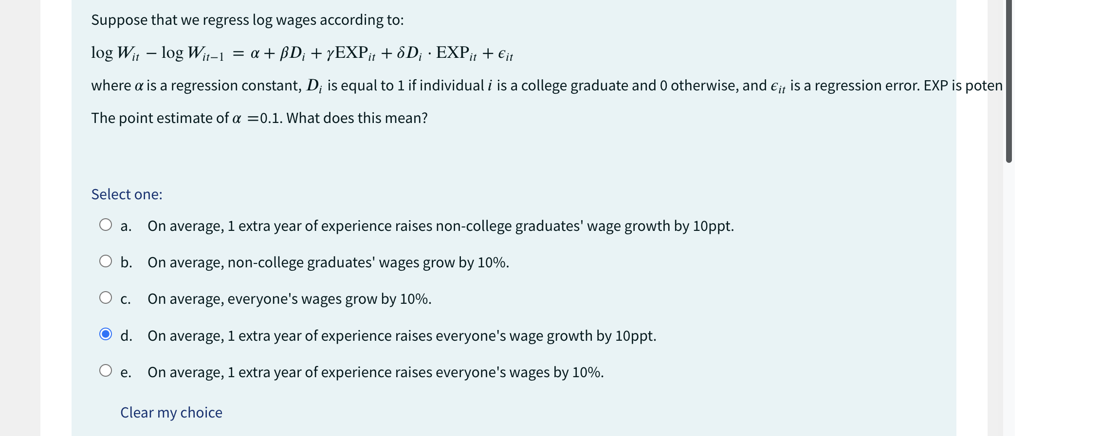 Solved Suppose that we regress log wages according | Chegg.com
