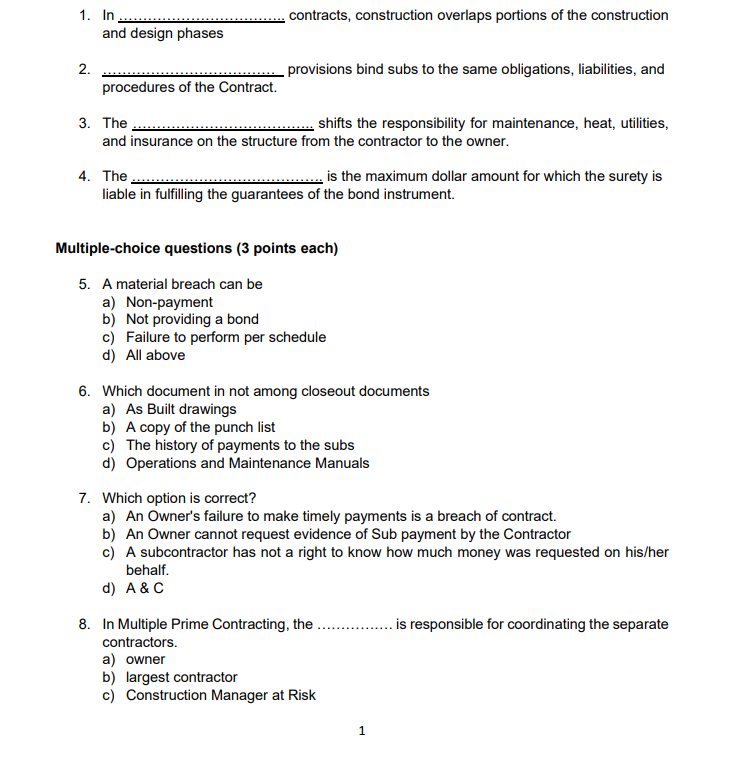 Solved 1. In and design phases contracts, construction | Chegg.com