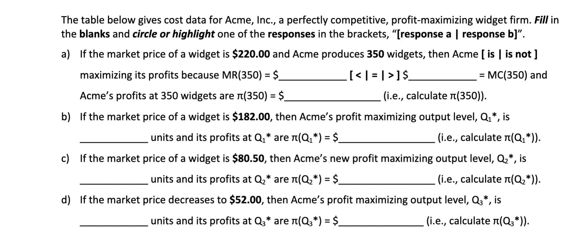Solved The table below gives cost data for Acme, Inc., a | Chegg.com