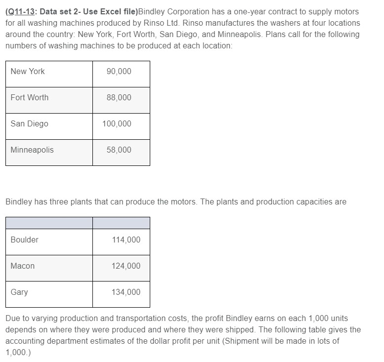 Solved (Q11-13: Data set 2-Use Excel file)Bindley | Chegg.com