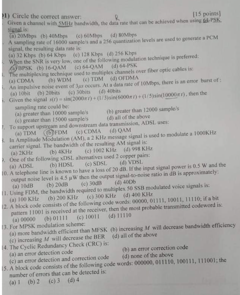 Solved 1) Circle the correct answer: Given a channel with | Chegg.com