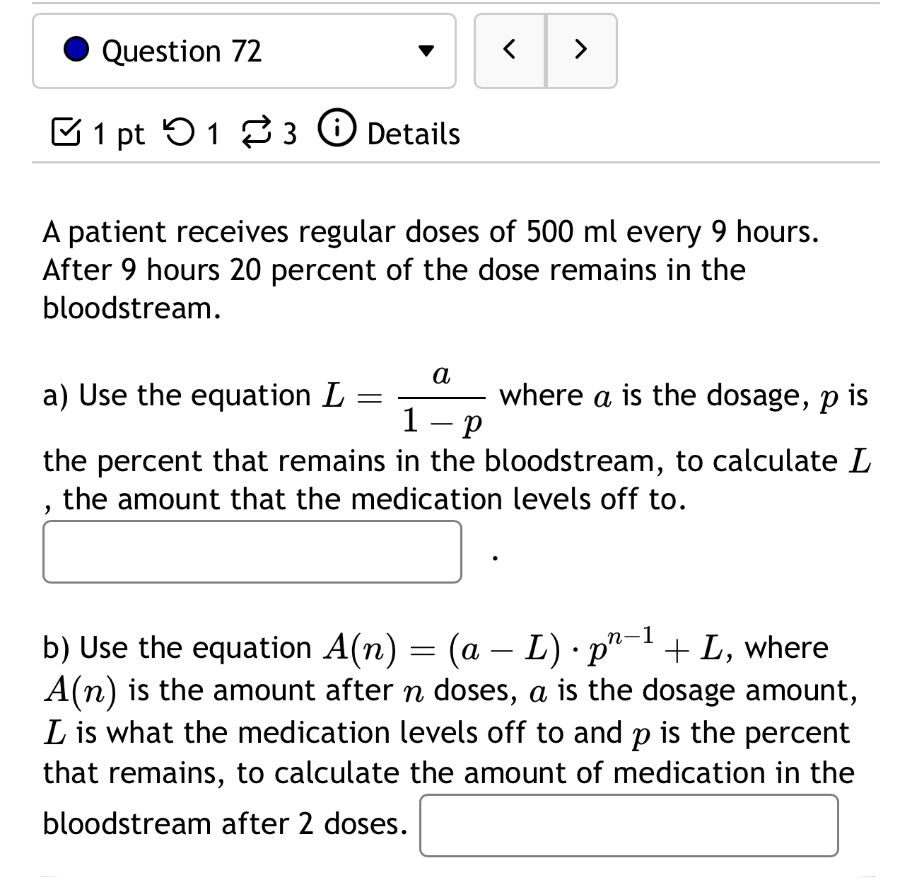 Solved a) Use the equation L=1−pa where a is the dosage, p | Chegg.com