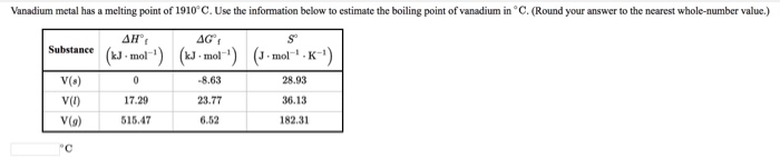 Solved Vanadium metal has a melting point of 1910 C. Use the | Chegg.com