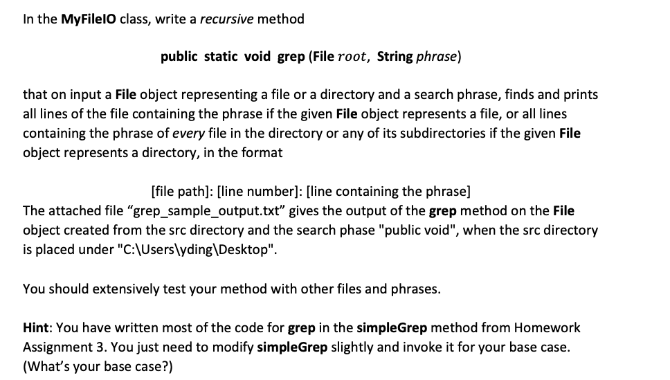 Solved In the MyFilelO class, write a recursive method | Chegg.com