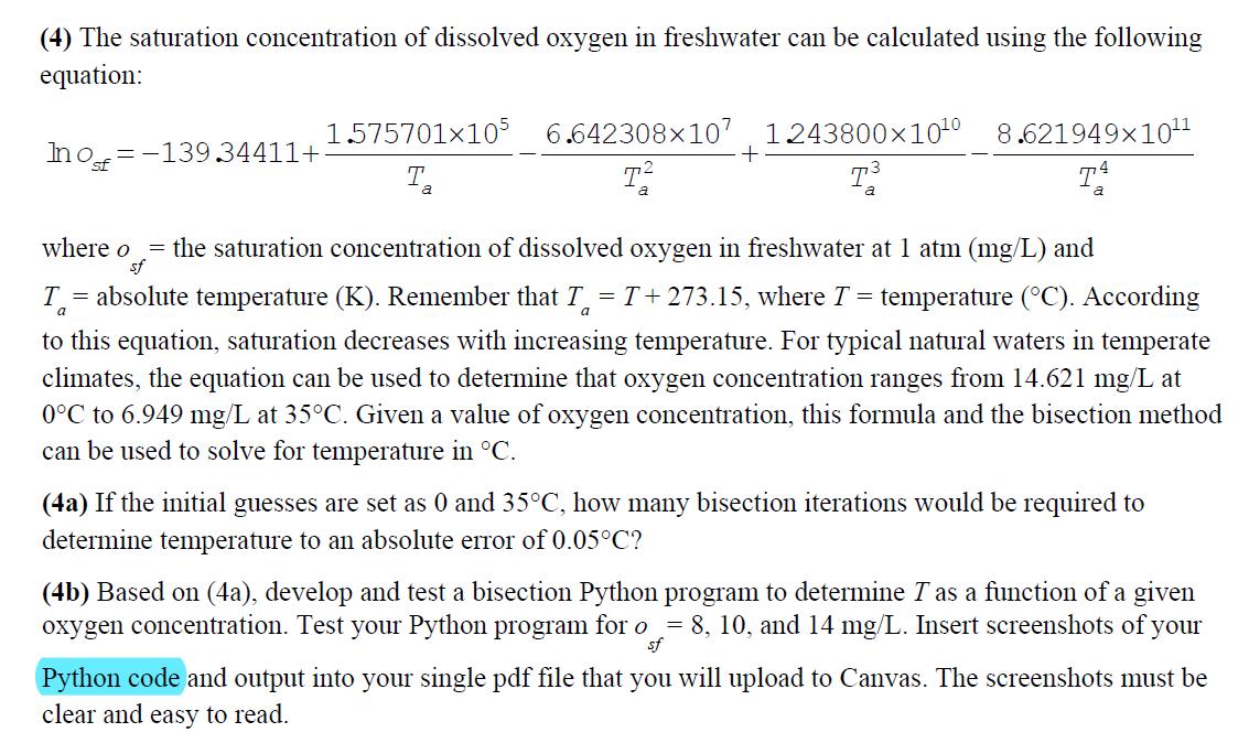 Solved (4) The saturation concentration of dissolved oxygen | Chegg.com