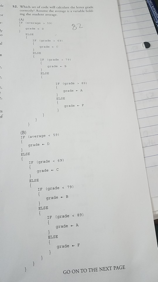 Solved which set of code will calculate the letter grade | Chegg.com