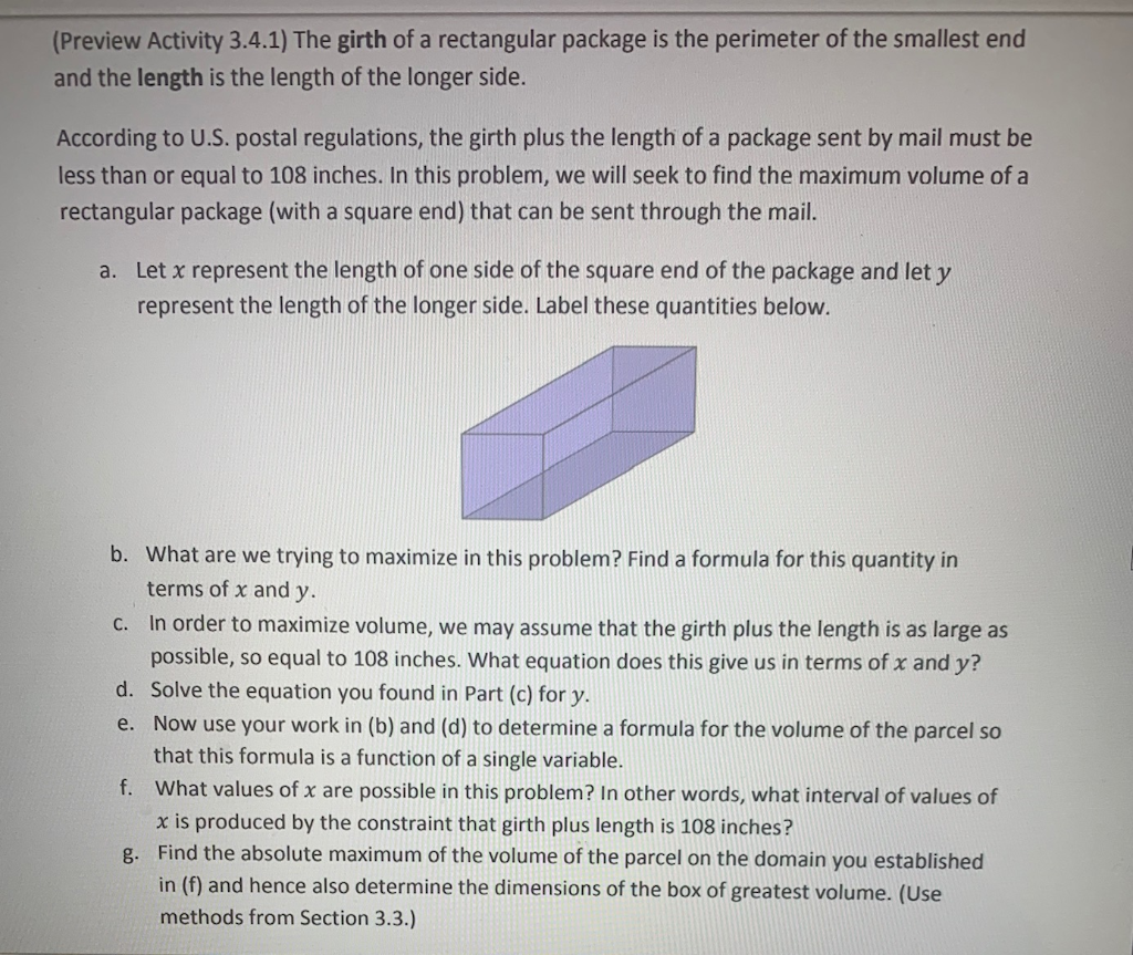 (Preview Activity 3.4.1) The girth of a rectangular | Chegg.com