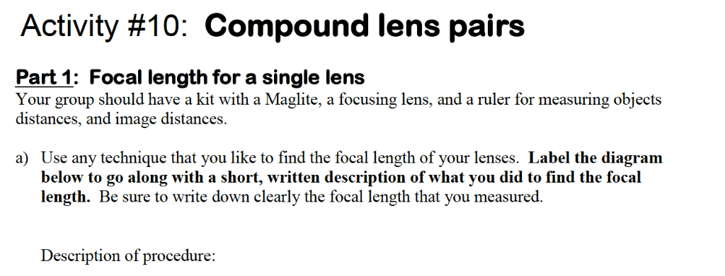 Solved Activity #10: Compound lens pairs Part 1: Focal | Chegg.com