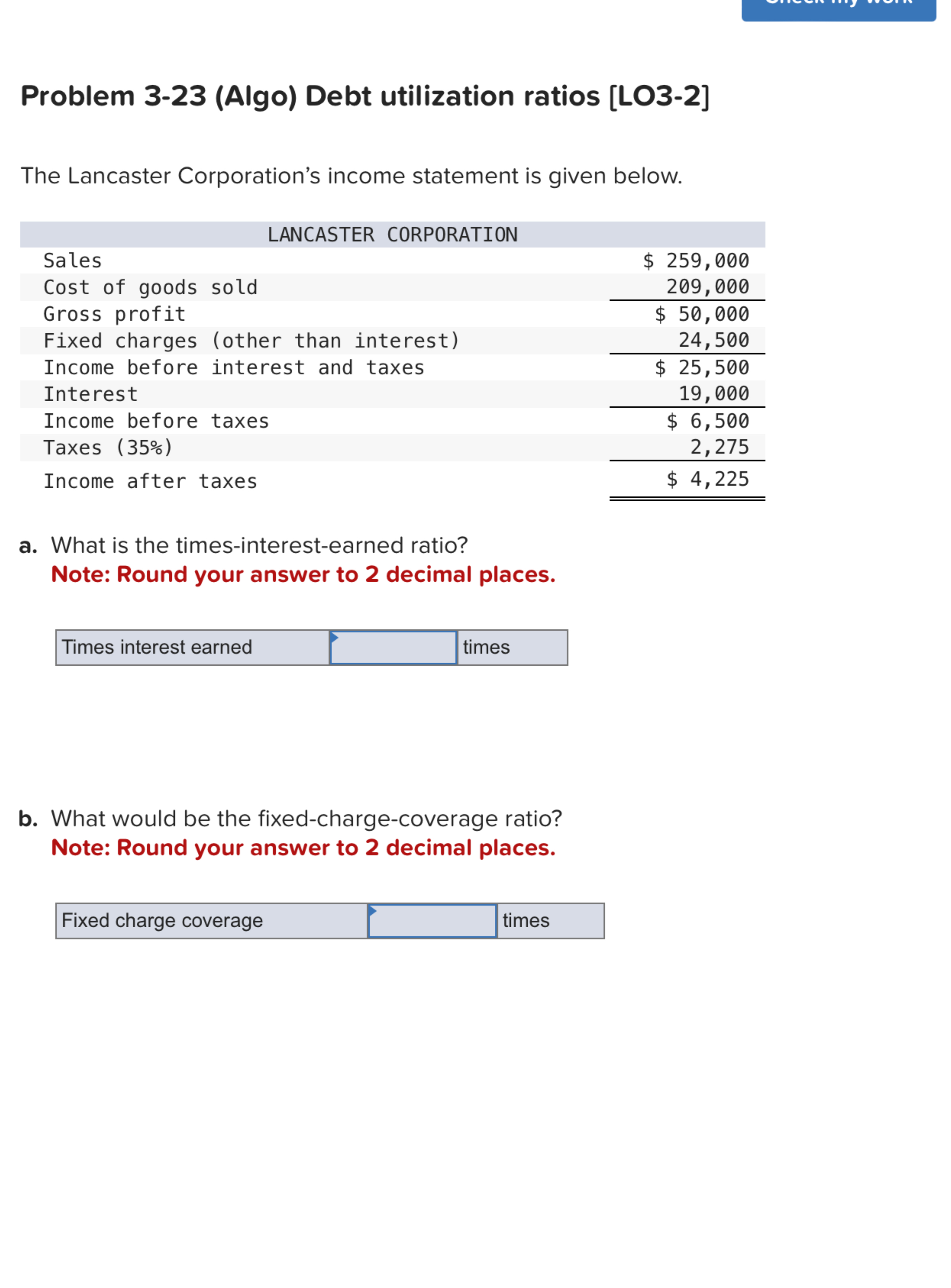 Solved Problem 3-23 (Algo) ﻿Debt utilization ratios | Chegg.com
