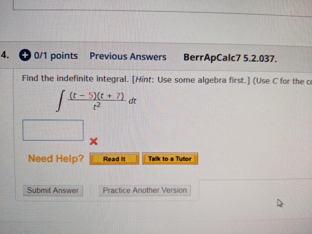Solved 4. +0/1 points Previous Answers BerrApCalc7 5.2.037. | Chegg.com