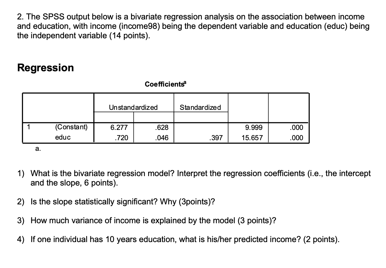 Solved 2 The Spss Output Below Is A Bivariate Regression 4853