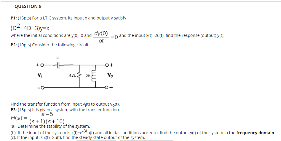 Solved QUESTION 8 P1: (15pts) For a LTIC system, its input x | Chegg.com