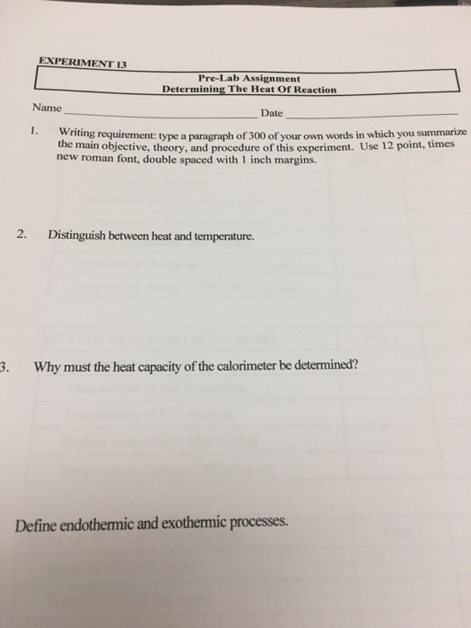 Solved EXPERIMENT 13 Pre-Lab Assignment Determining The Heat | Chegg.com