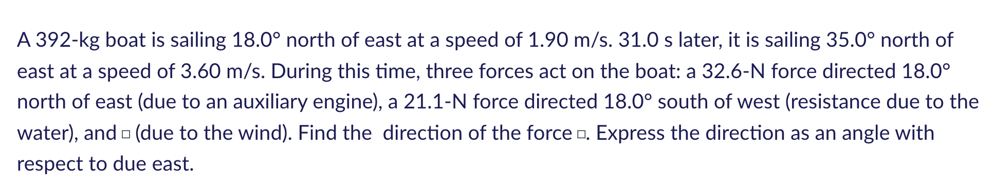 Solved A 392−kg boat is sailing 18.0∘ north of east at a | Chegg.com