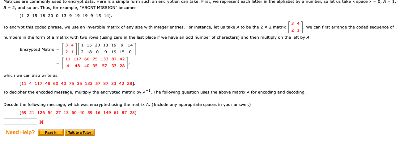 Solved Matrices are commonly used to encrypt data. Here is a | Chegg.com