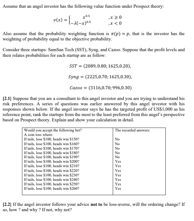 Solved Assume that an angel investor has the following value | Chegg.com
