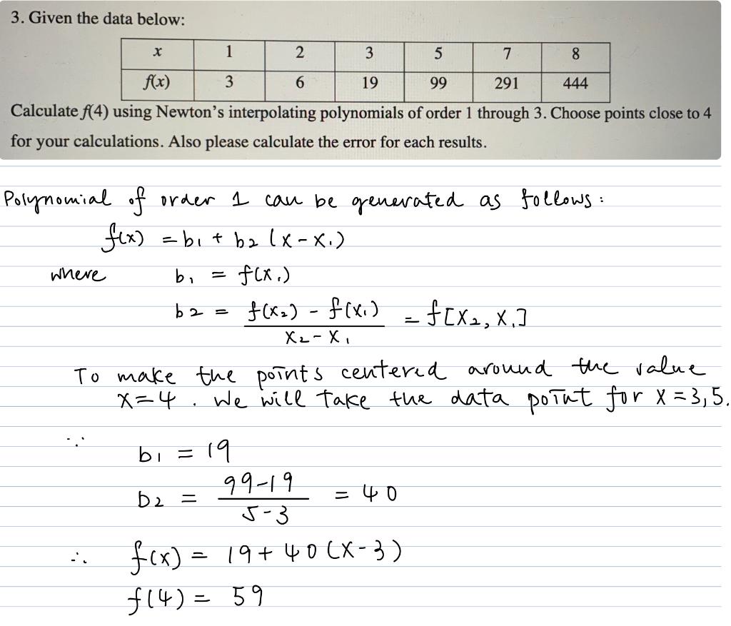 Solved 3 Given The Data Below 1 2 3 5 7 8 Fx 3 6 19 99 