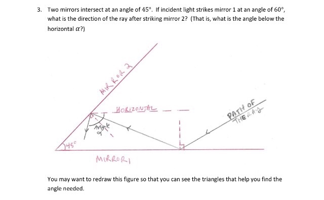 Solved 3. Two mirrors intersect at an angle of 45o. If | Chegg.com