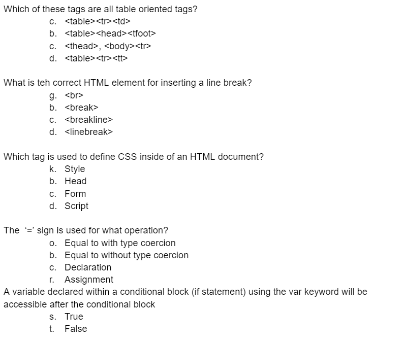 Solved Which of these tags are all table oriented tags? c.