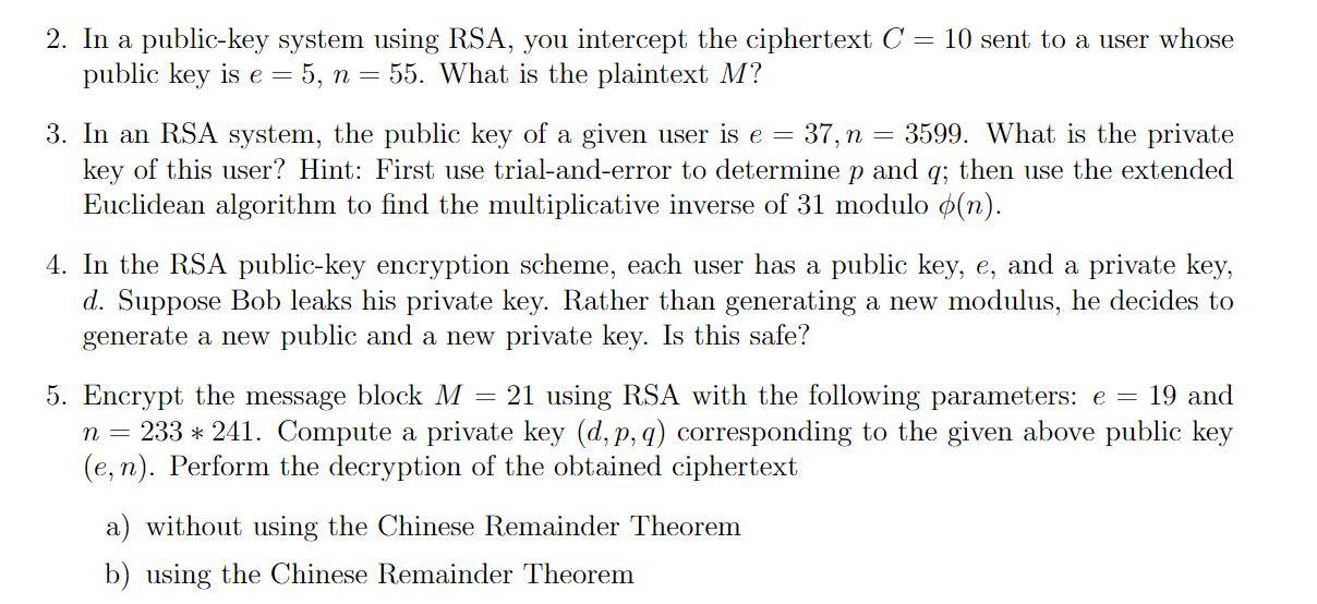 2. In a public-key system using RSA, you intercept | Chegg.com