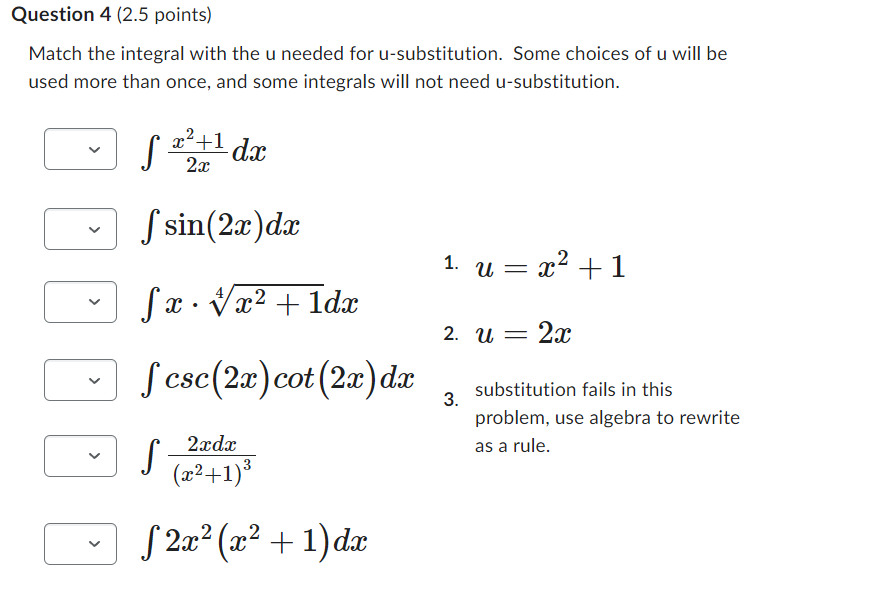 Solved Match the integral with the u needed for | Chegg.com