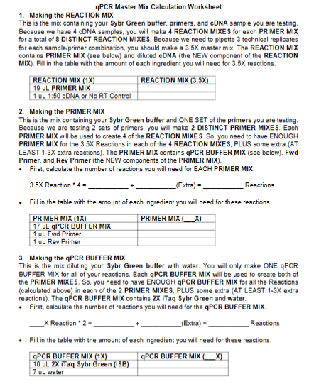 qPCR Master Mix Calculation Worksheet 1. Making the | Chegg.com