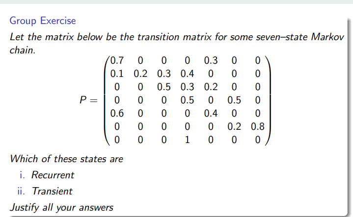Solved Group Exercise Let the matrix below be the transition | Chegg.com