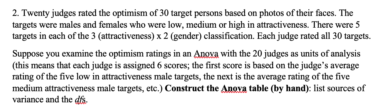 Solved 2. Twenty judges rated the optimism of 30 target | Chegg.com