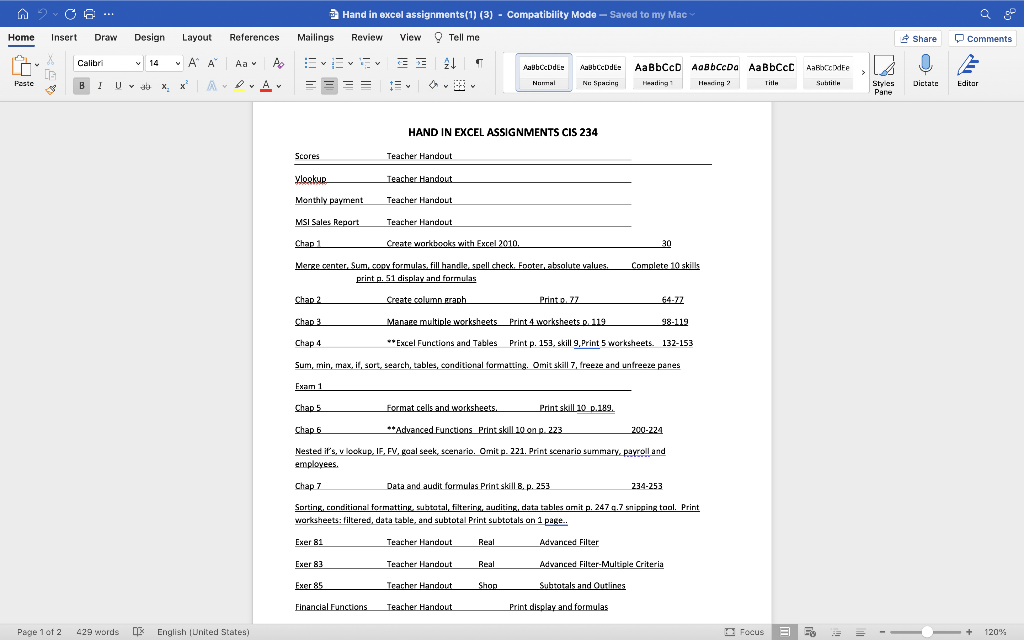 HAND IN EXCEL ASSIGNMENTS CIS 234 Financial | Chegg.com