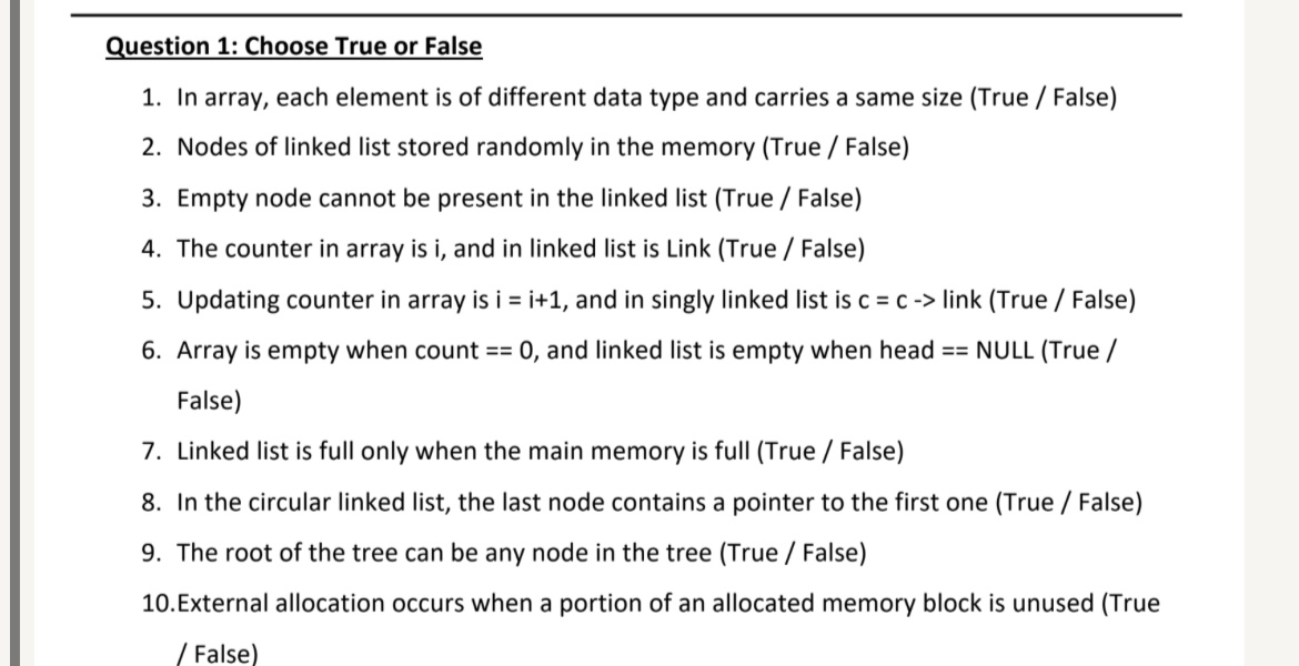 Solved Question 1: Choose True or False 1. In array, each | Chegg.com