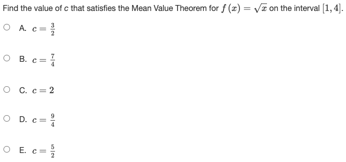 Solved Find the value of c that satisfies the Mean Value | Chegg.com