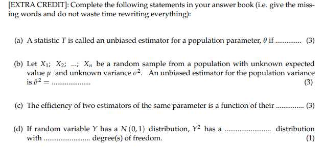 Solved [EXTRA CREDIT): Complete the following statements in | Chegg.com