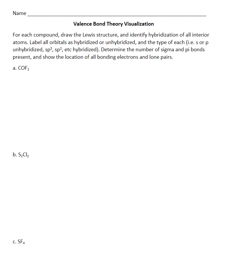 Solved Name Valence Bond Theory Visualization For each | Chegg.com