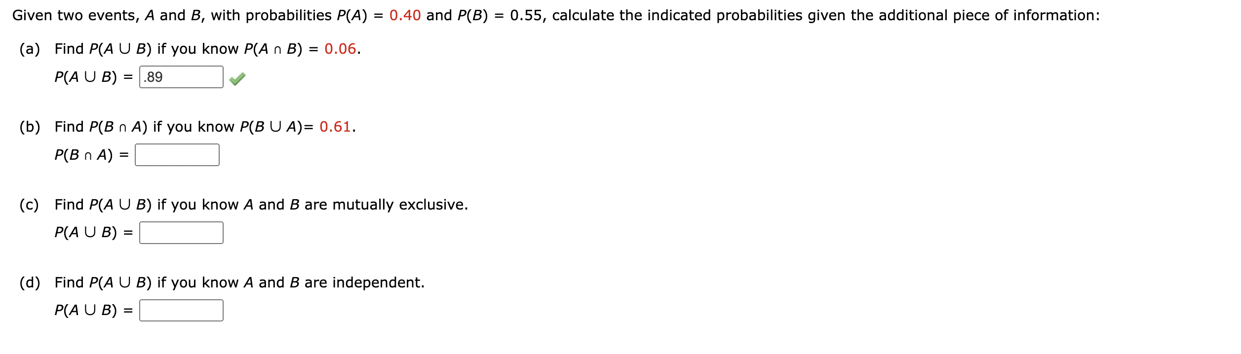 Solved Given two events, A and B, with probabilities | Chegg.com