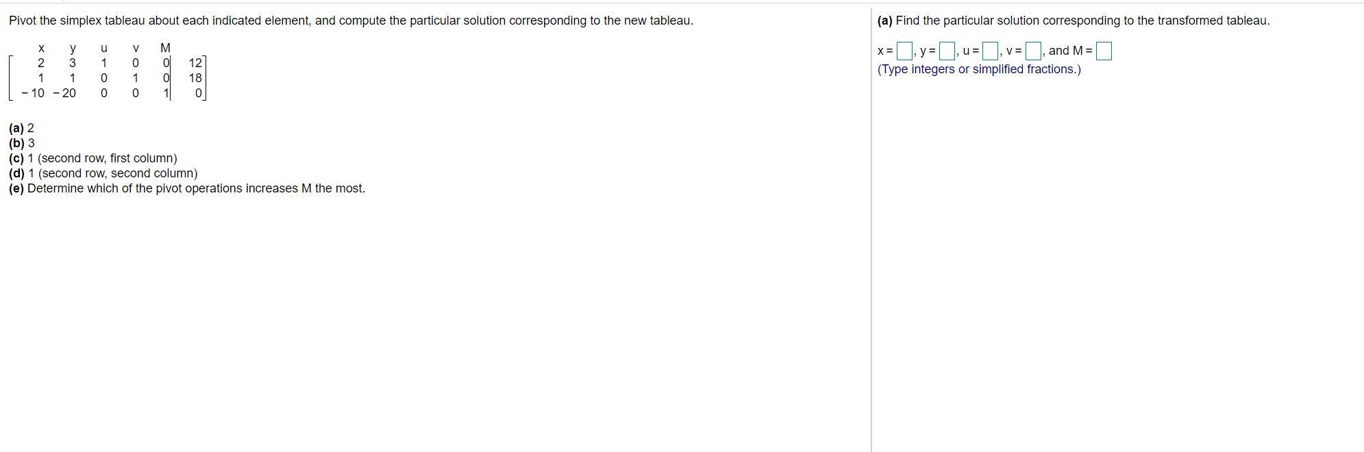 Solved Pivot the simplex tableau about each indicated | Chegg.com