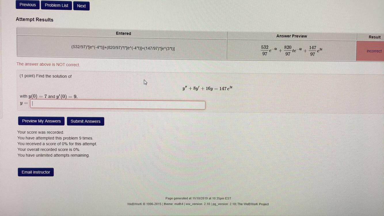 Solved Previous Problem List Next Attempt Results Entered | Chegg.com