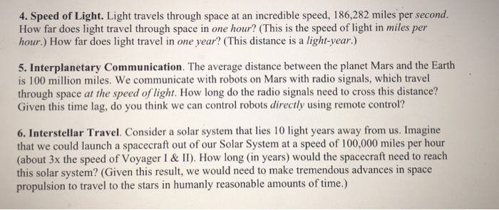 Solved 4. Speed of Light. Light travels through space at an | Chegg.com