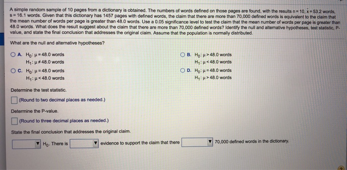 Solved A simple random sample of 10 pages from a dictionary | Chegg.com
